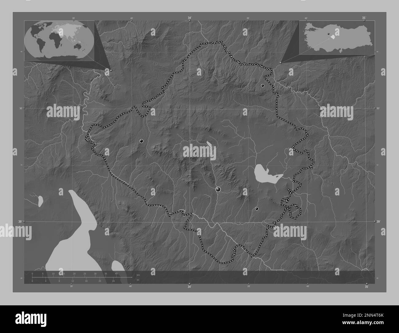 Krsehir, province of Turkiye. Grayscale elevation map with lakes and ...