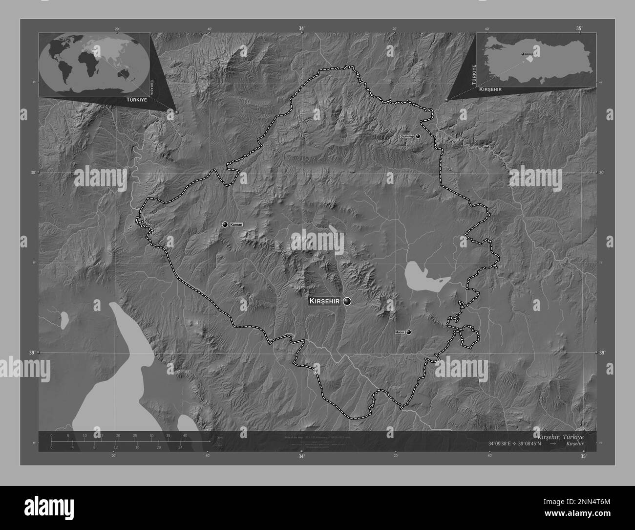 Krsehir, province of Turkiye. Bilevel elevation map with lakes and ...