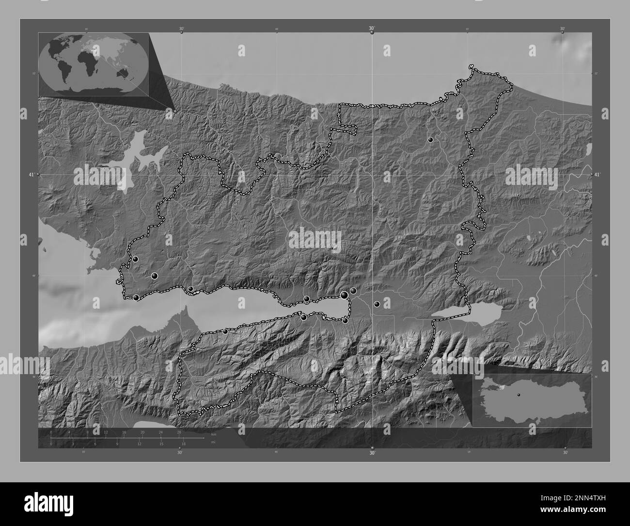 Kocaeli, province of Turkiye. Bilevel elevation map with lakes and ...