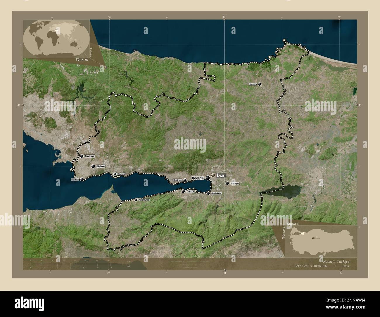 Kocaeli, province of Turkiye. High resolution satellite map. Locations and names of major cities ...