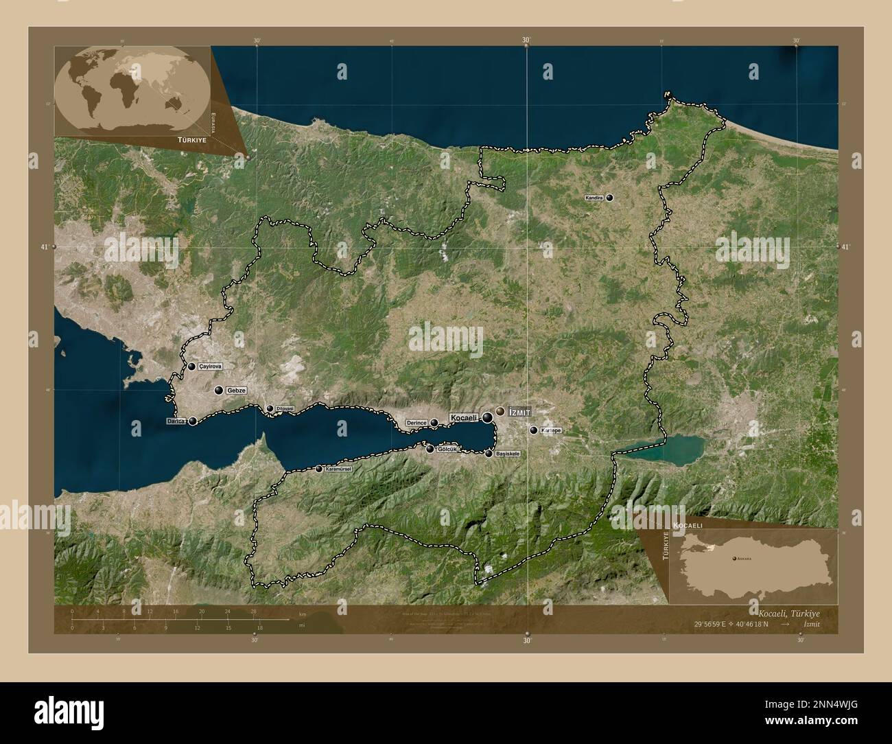 Kocaeli, province of Turkiye. Low resolution satellite map. Locations ...