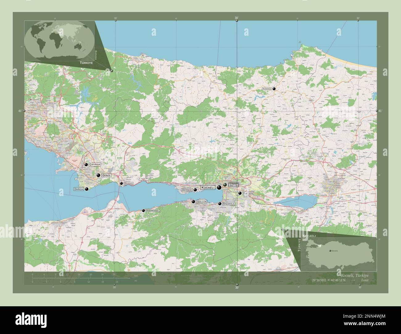 Kocaeli, province of Turkiye. Open Street Map. Locations and names of ...