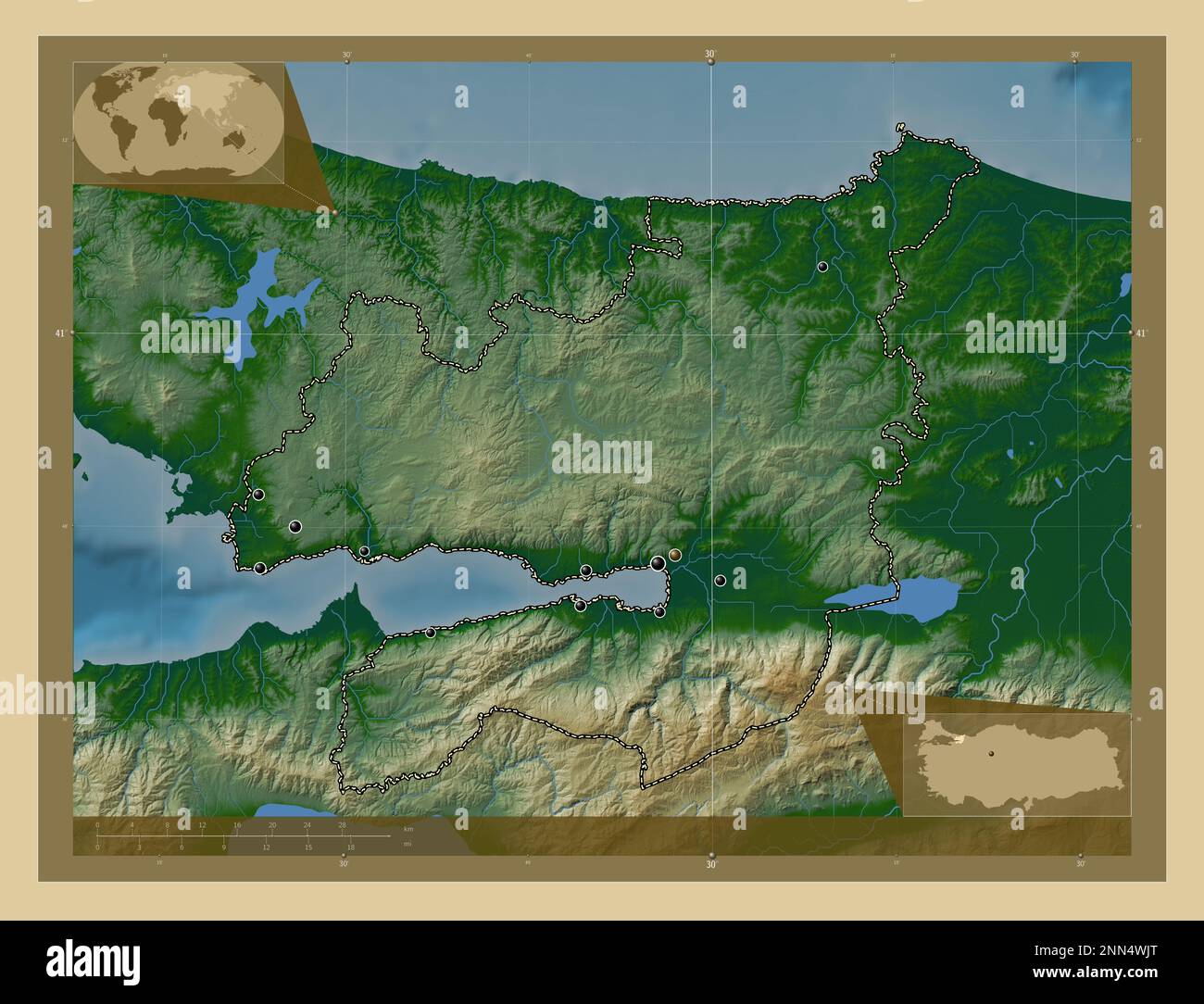 Kocaeli, province of Turkiye. Colored elevation map with lakes and ...
