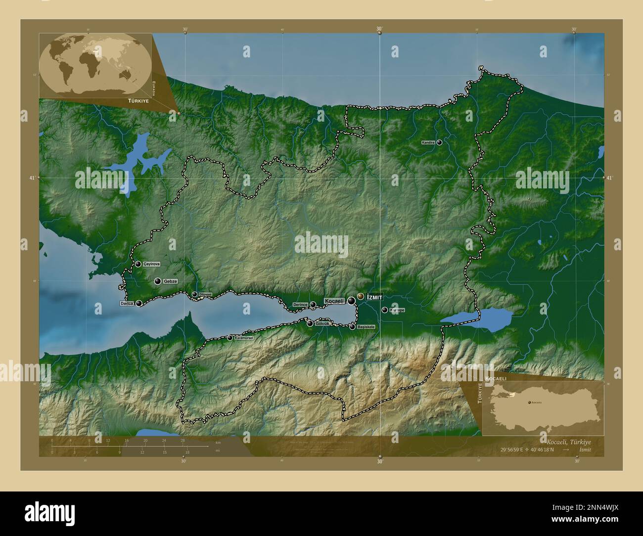 Kocaeli, province of Turkiye. Colored elevation map with lakes and ...