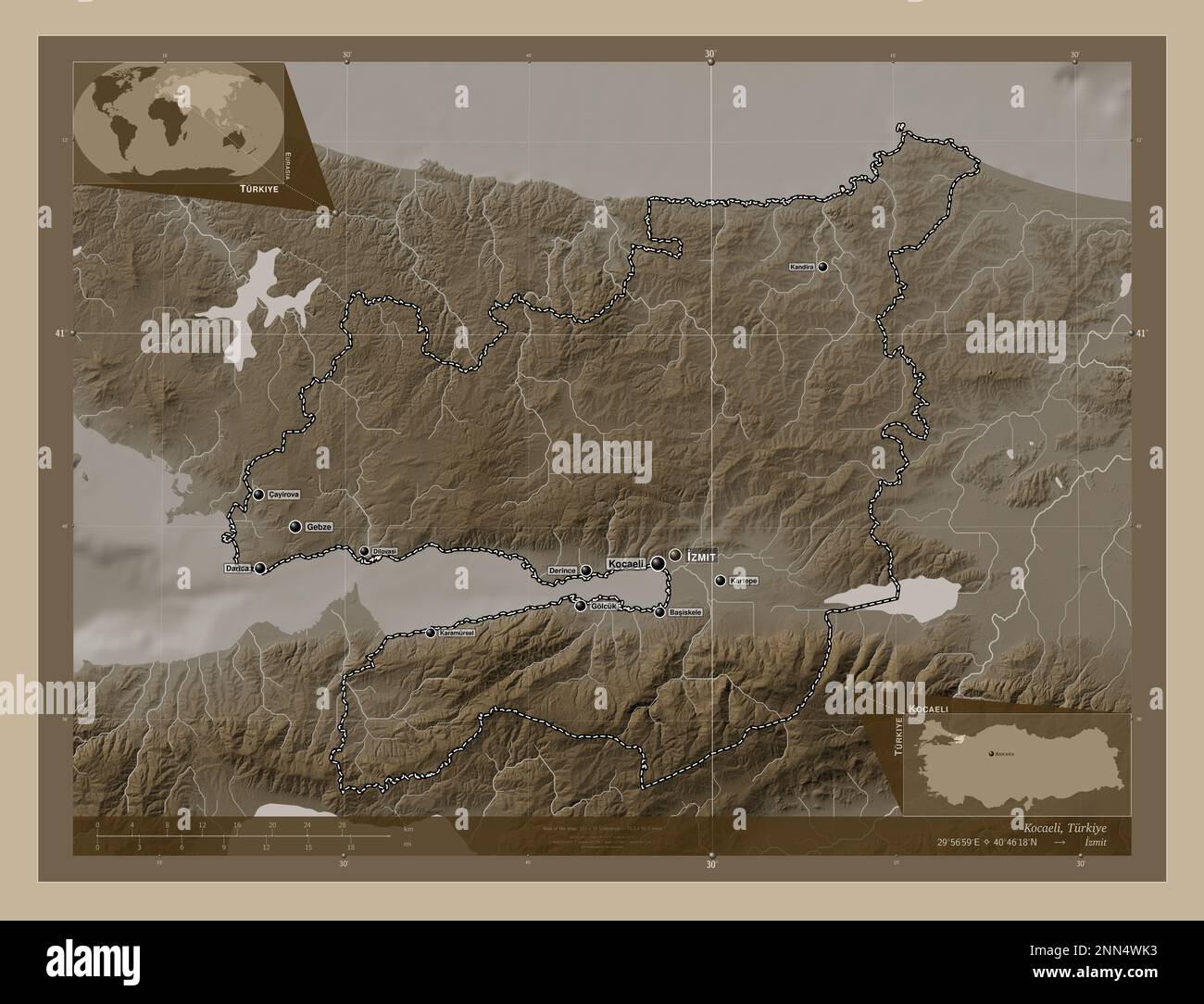 Kocaeli, province of Turkiye. Elevation map colored in sepia tones with ...