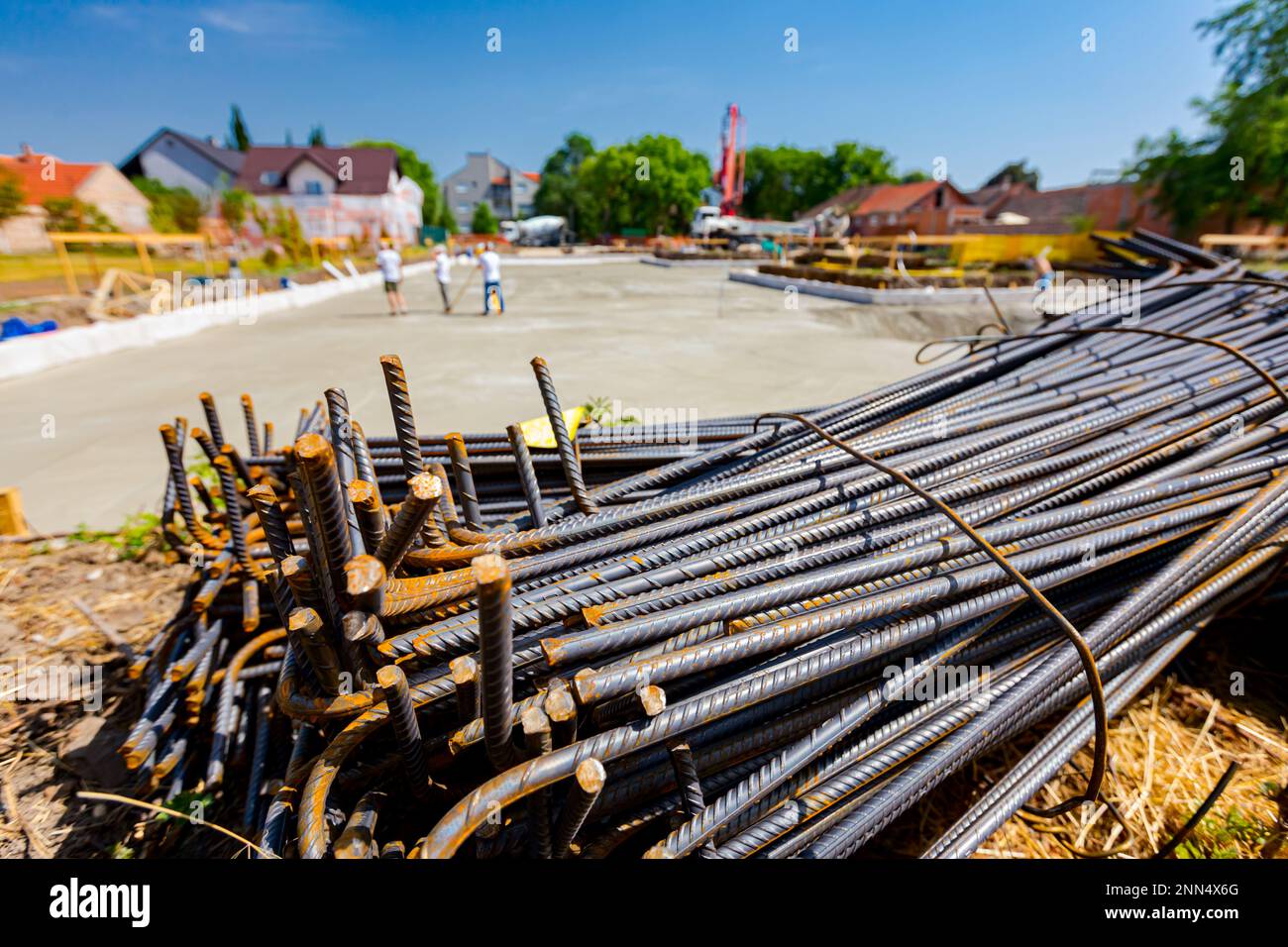 Tied bundles of steel bars reinforcement ready for installation ...