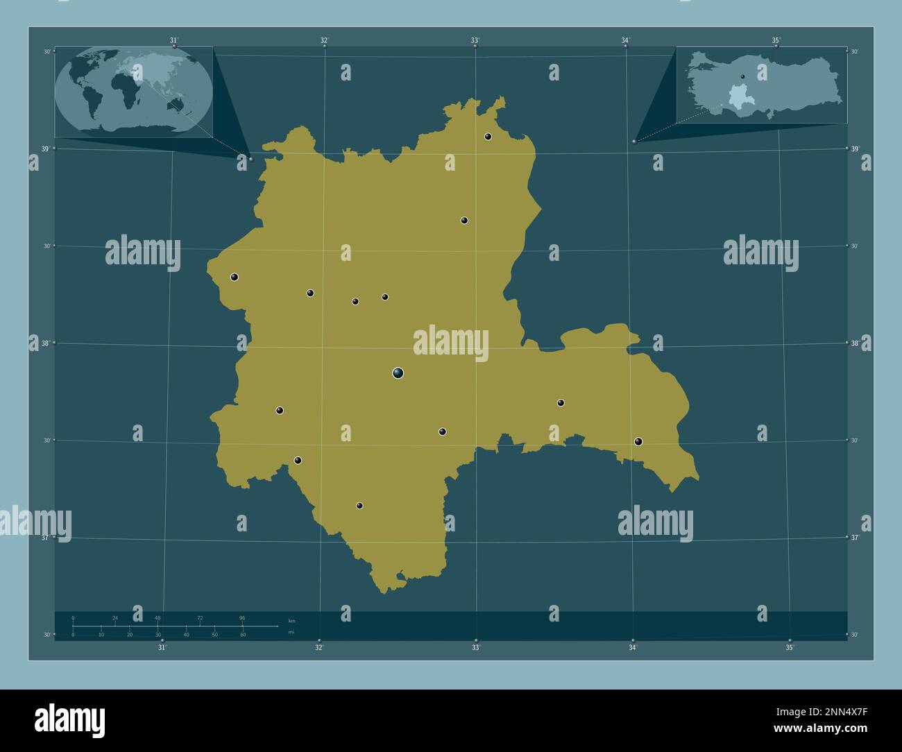 Konya, province of Turkiye. Solid color shape. Locations of major ...