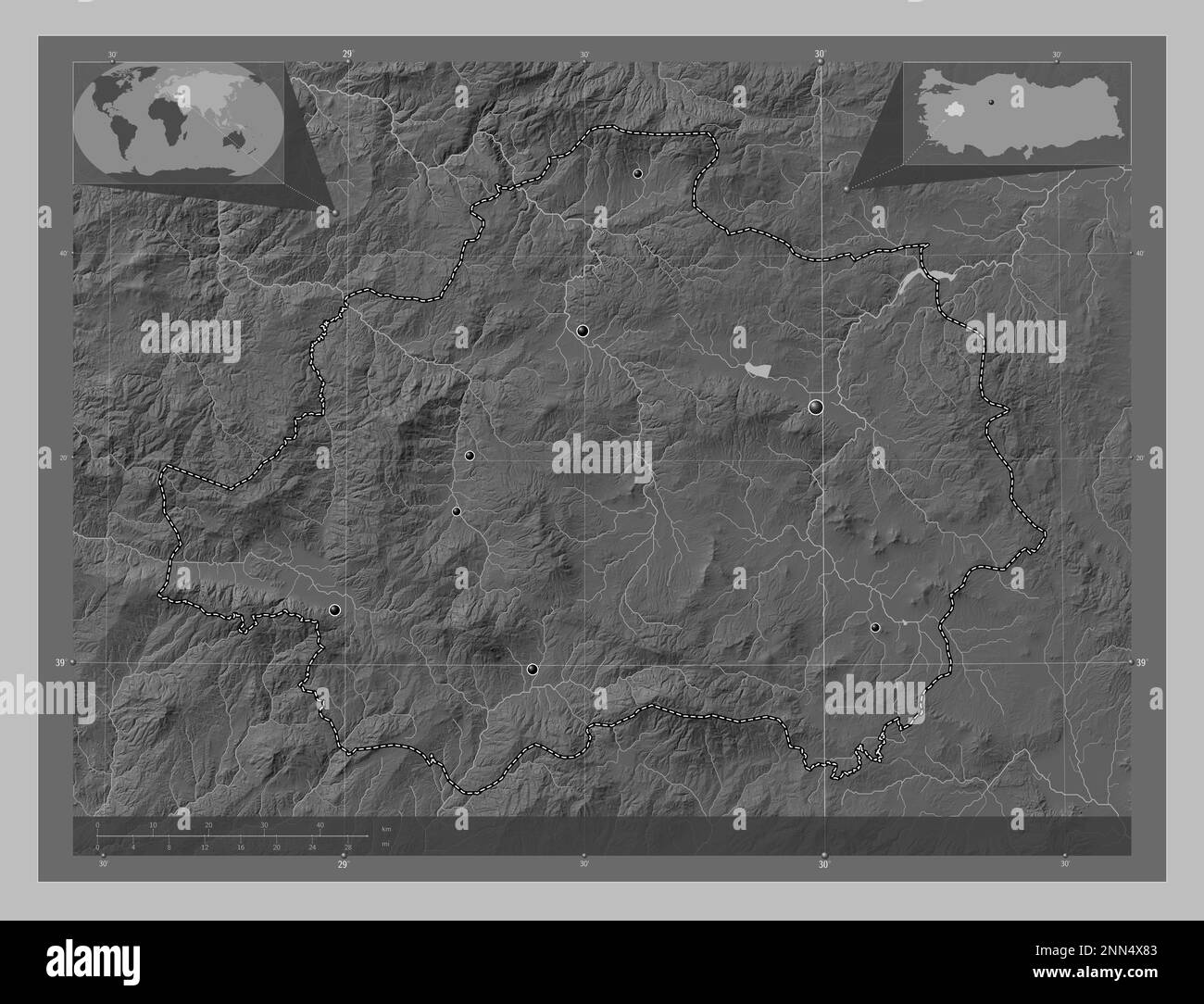 Kutahya, province of Turkiye. Grayscale elevation map with lakes and ...