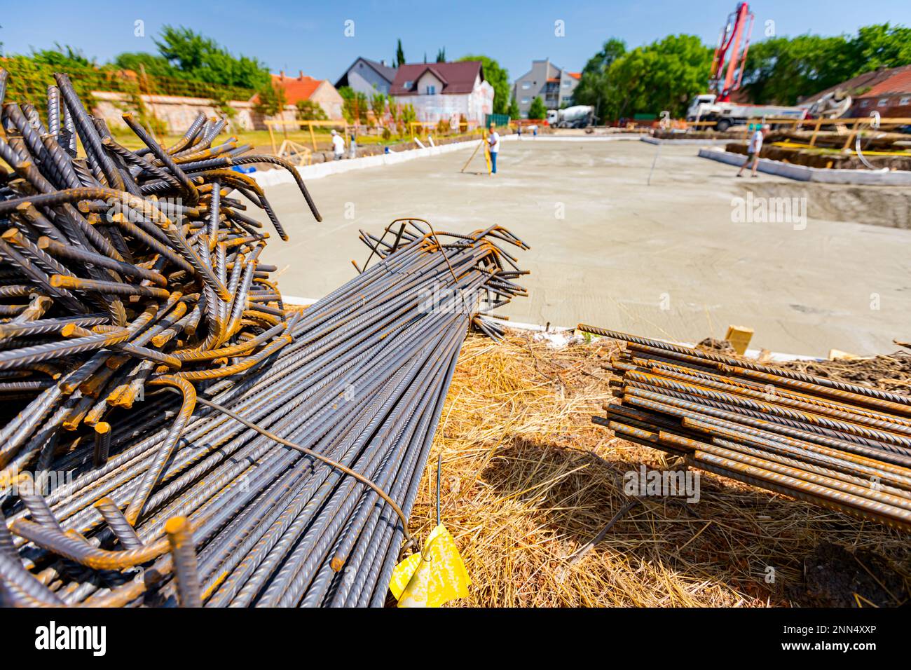 Tied bundles of steel bars reinforcement ready for installation ...