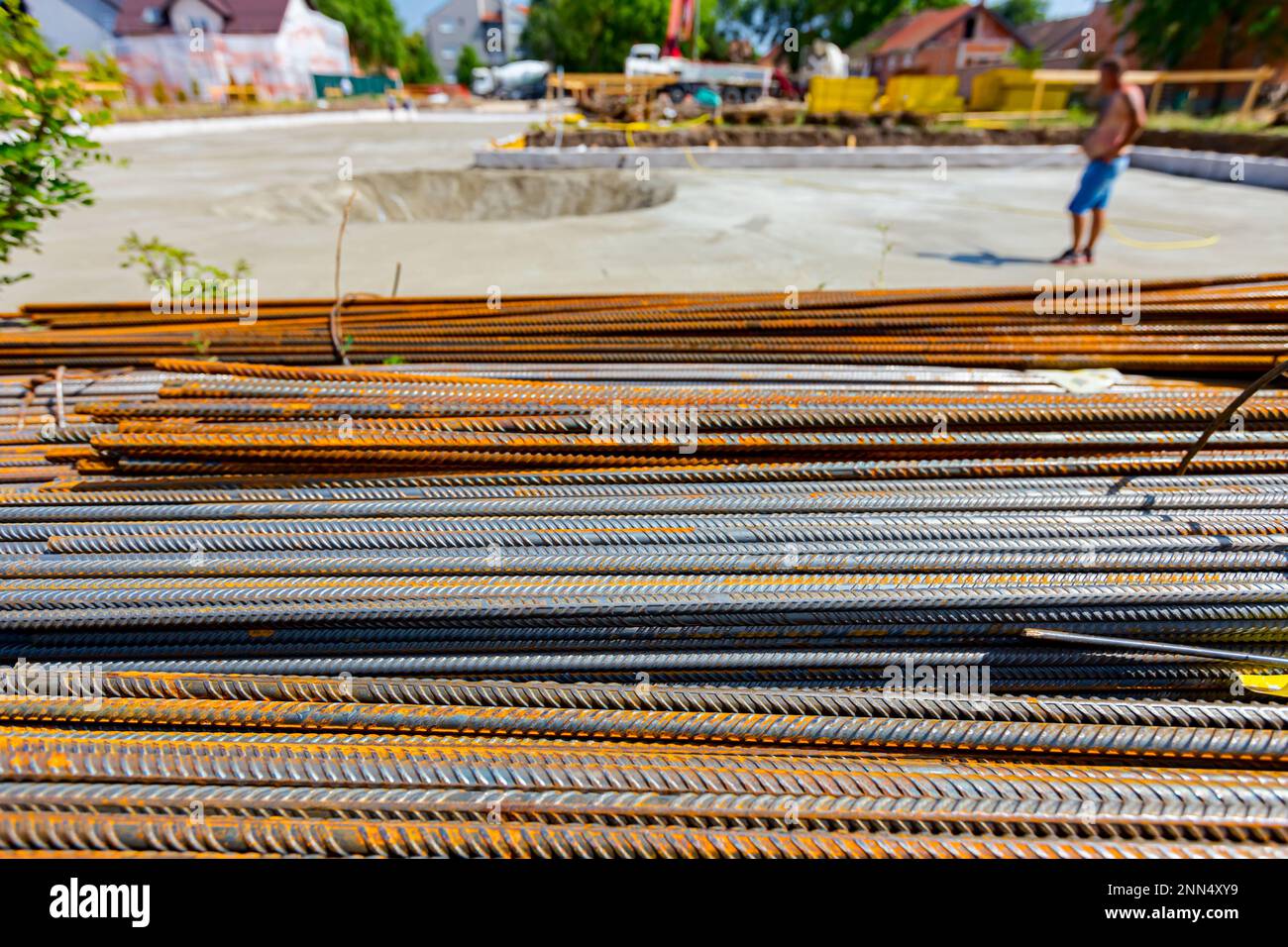 Close up shot of bundles of steel bars reinforcement ready for ...