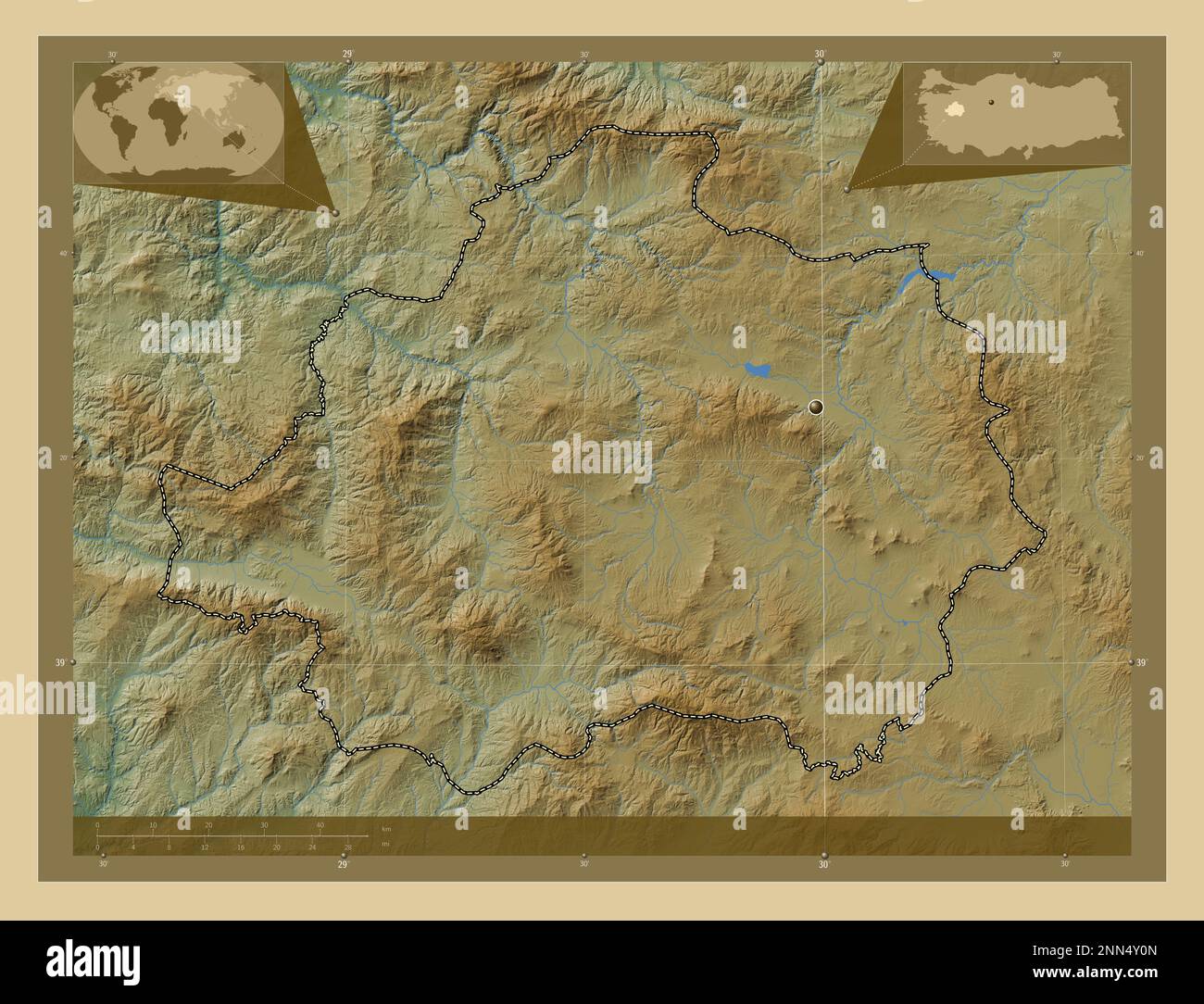 Kutahya, province of Turkiye. Colored elevation map with lakes and ...