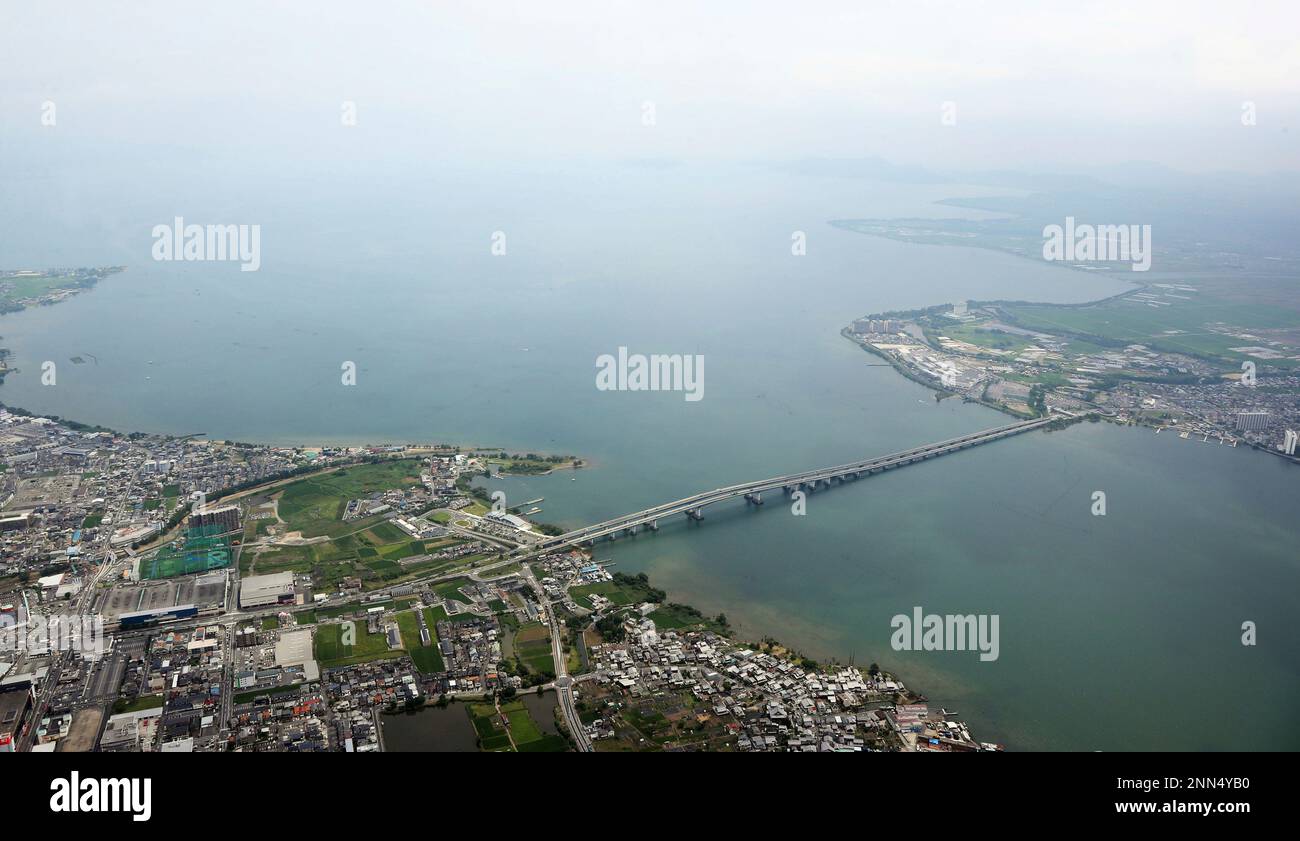 An aerial photo shows Lake Biwa in Shiga Prefecture on June 30, 2021 ...