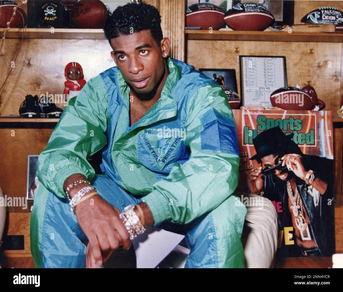 Deion Sanders wears his new line of PrimeTime clothing while being ...