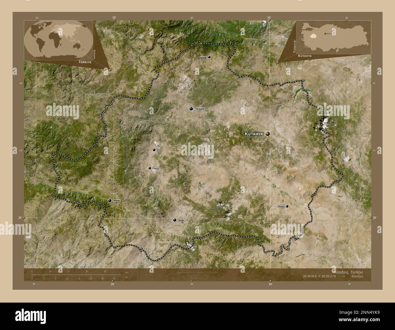 Kutahya, province of Turkiye. Low resolution satellite map. Locations ...