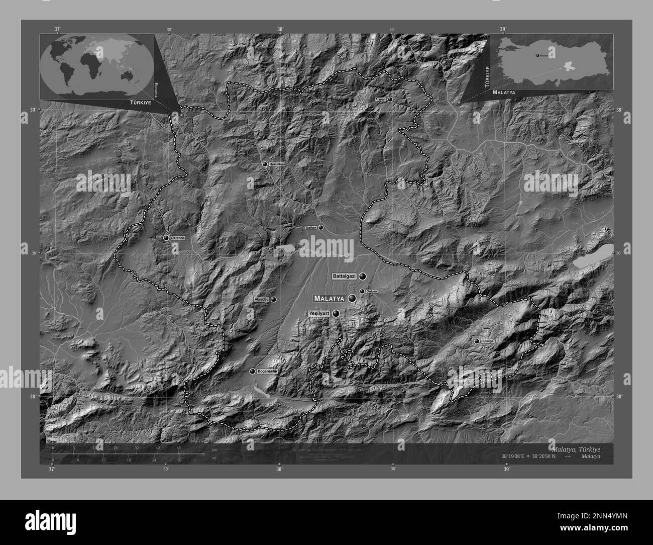 Malatya, province of Turkiye. Bilevel elevation map with lakes and ...