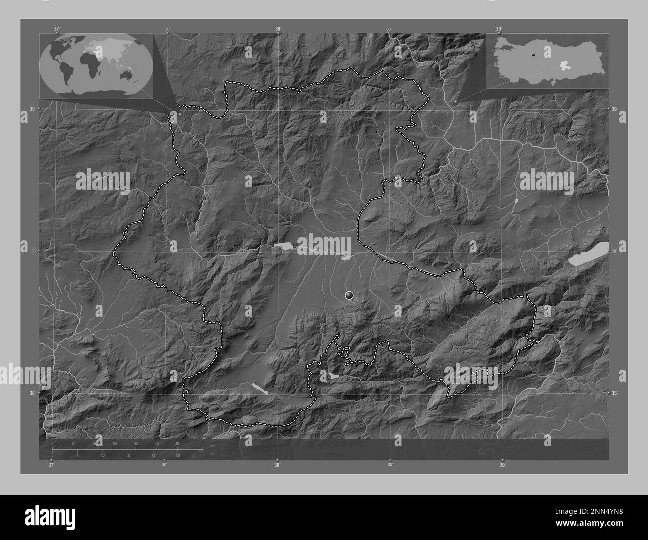 Malatya, province of Turkiye. Grayscale elevation map with lakes and ...