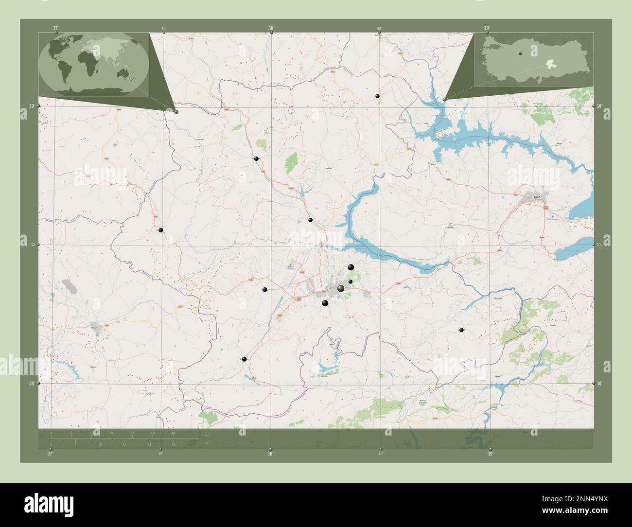 Malatya, province of Turkiye. Open Street Map. Locations of major ...