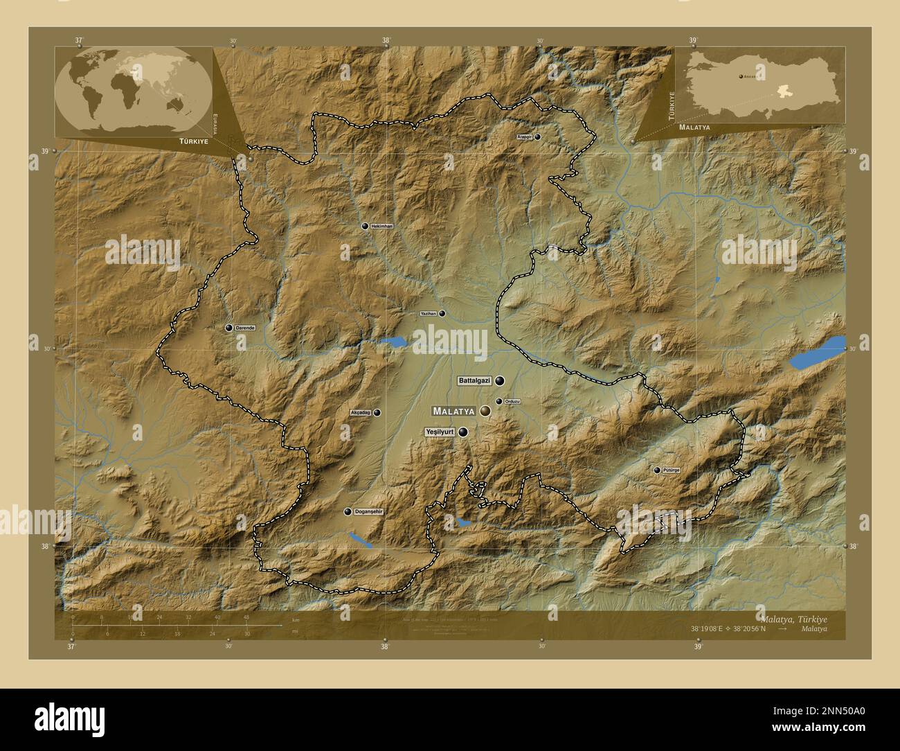Malatya, province of Turkiye. Colored elevation map with lakes and ...