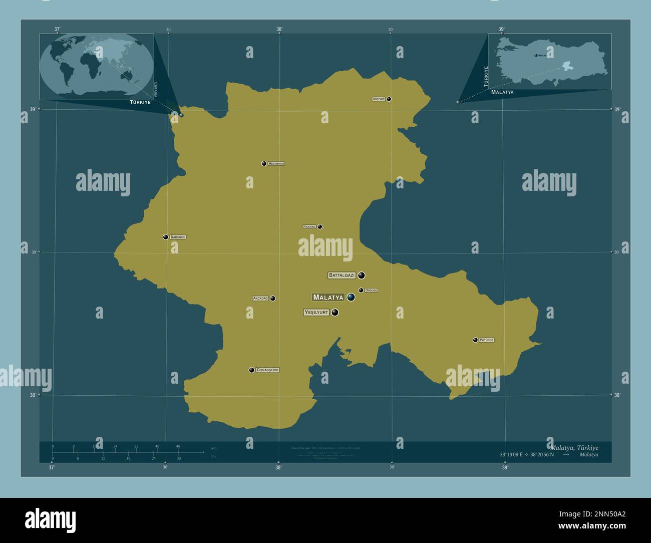 Malatya, province of Turkiye. Solid color shape. Locations and names of ...