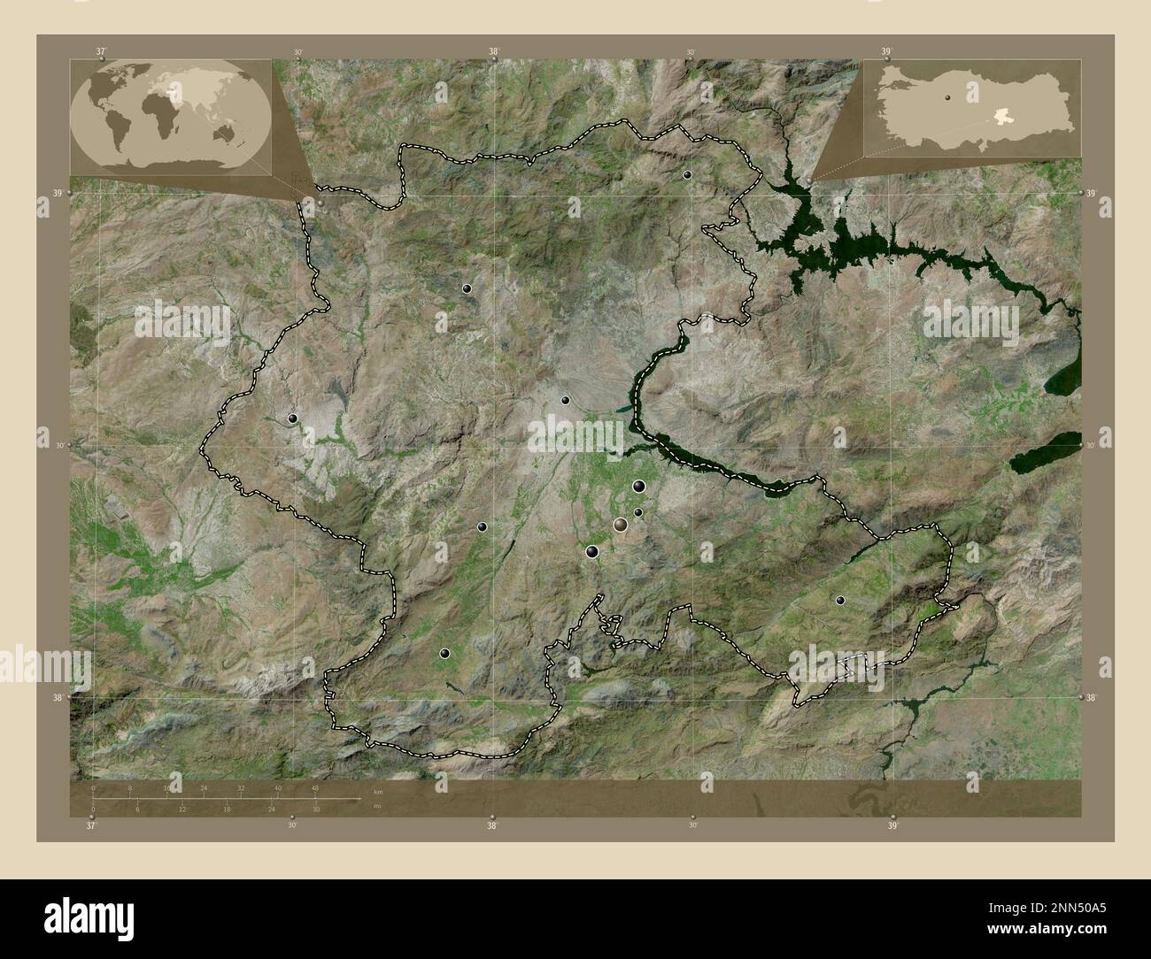 Malatya, province of Turkiye. High resolution satellite map. Locations ...