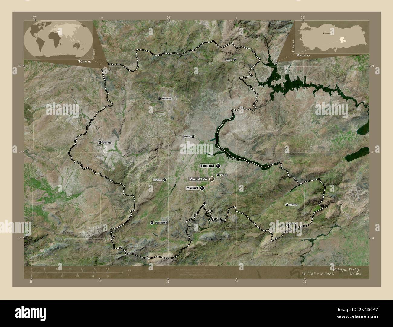 Malatya, province of Turkiye. High resolution satellite map. Locations and names of major cities ...