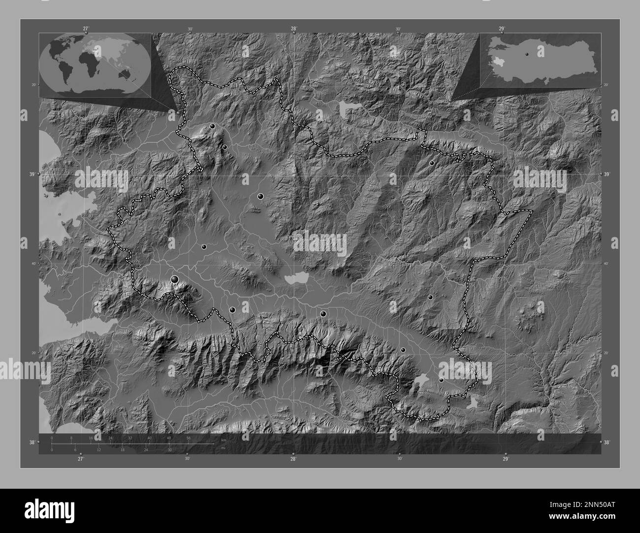 Manisa, province of Turkiye. Bilevel elevation map with lakes and ...