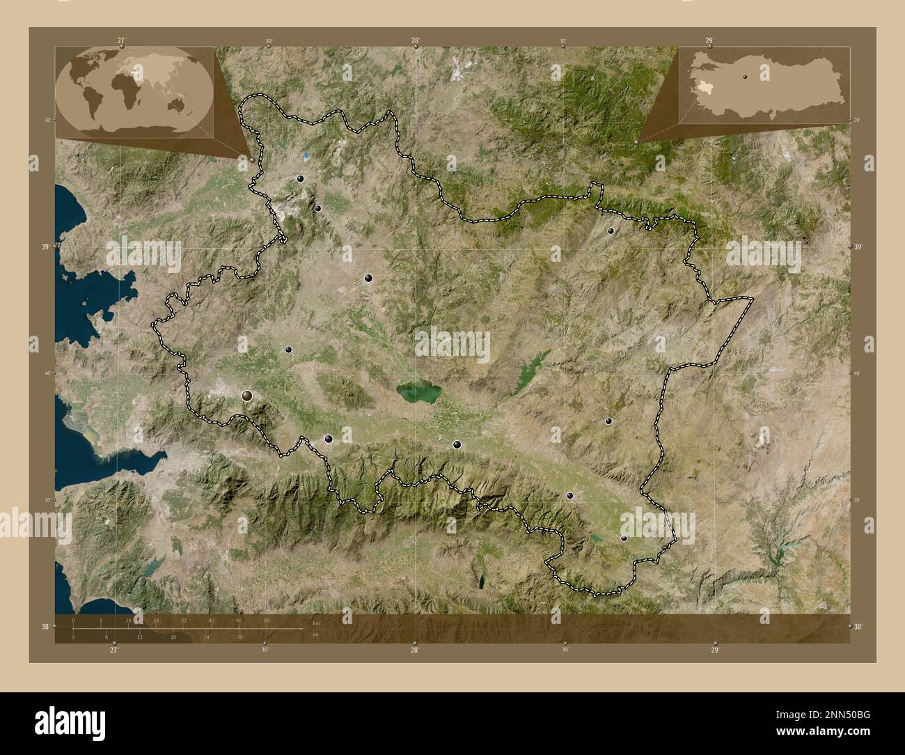 Manisa, province of Turkiye. Low resolution satellite map. Locations of ...