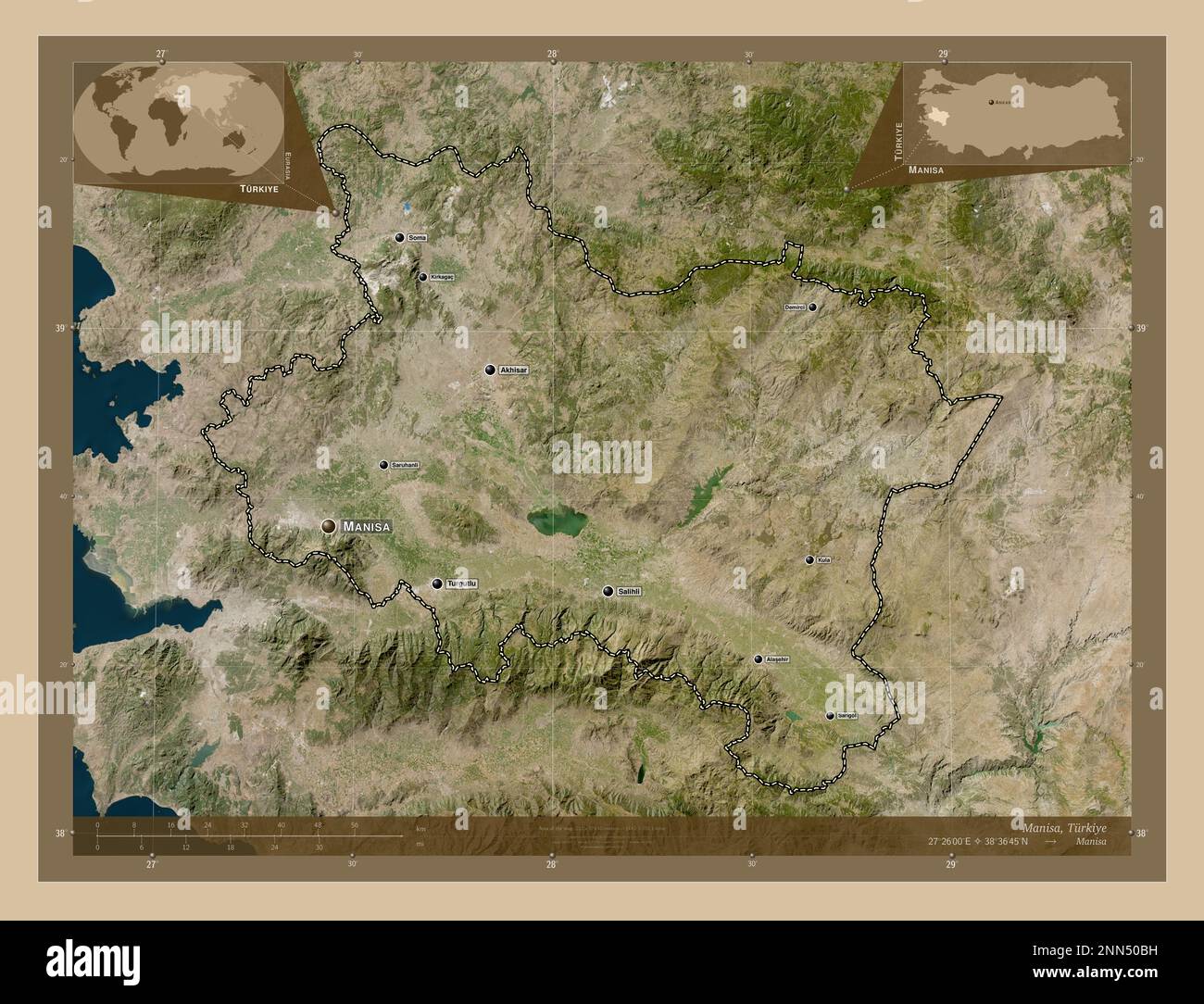 Manisa, province of Turkiye. Low resolution satellite map. Locations ...
