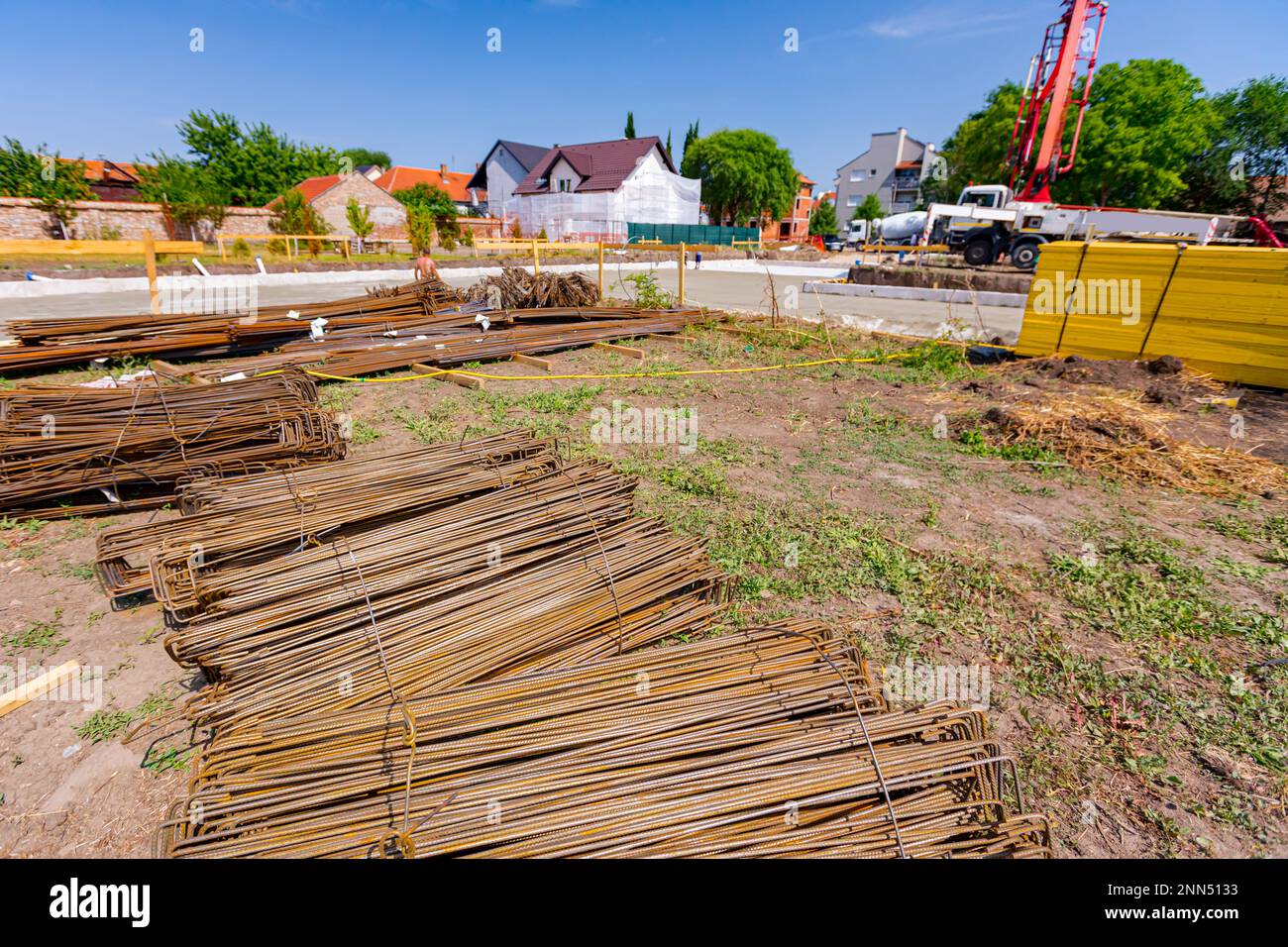Tied bundles of steel bars reinforcement ready for installation ...