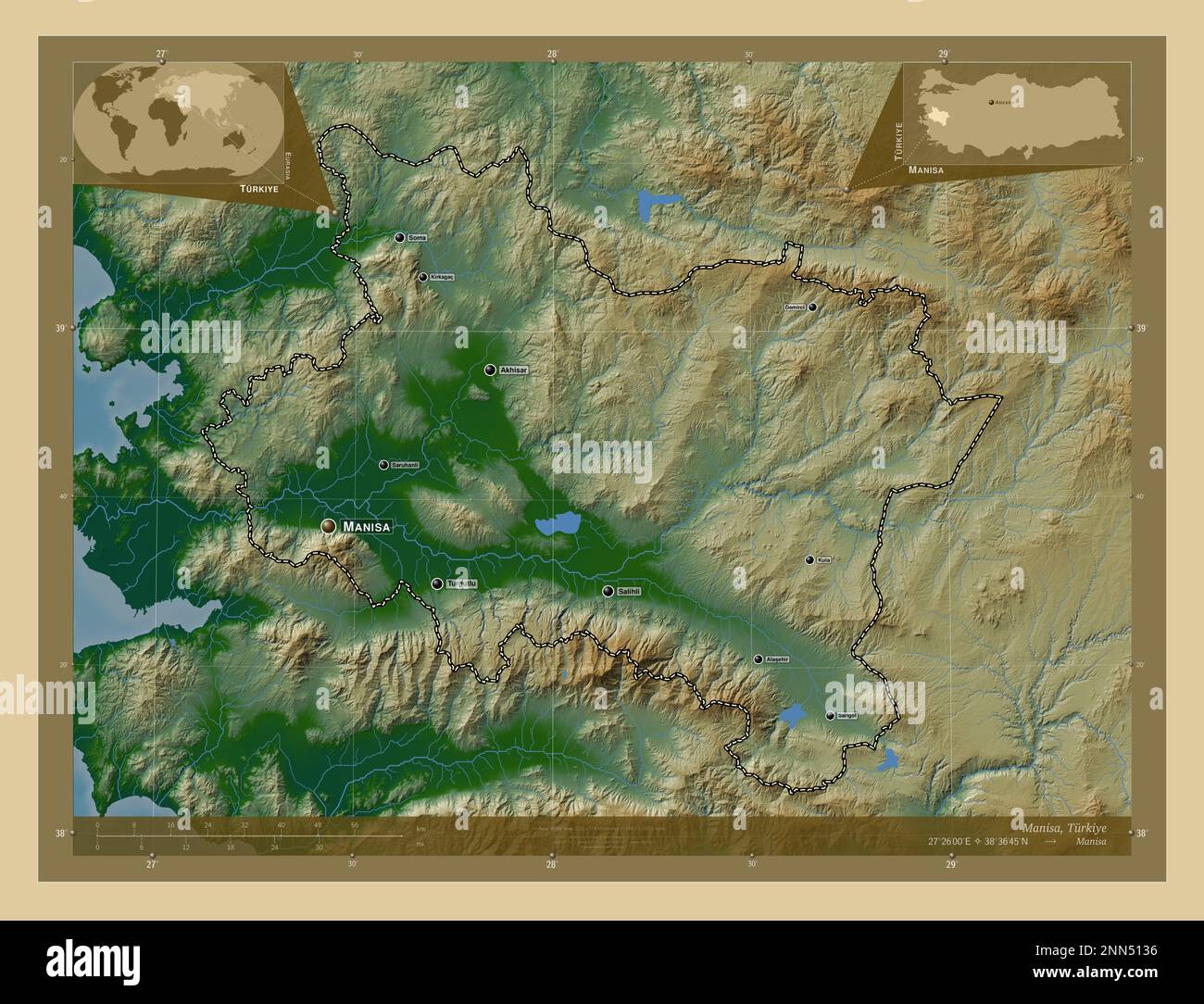 Manisa, province of Turkiye. Colored elevation map with lakes and ...