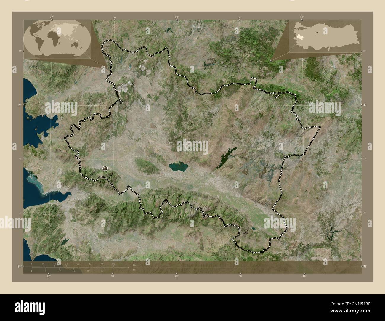 Manisa, province of Turkiye. High resolution satellite map. Corner ...