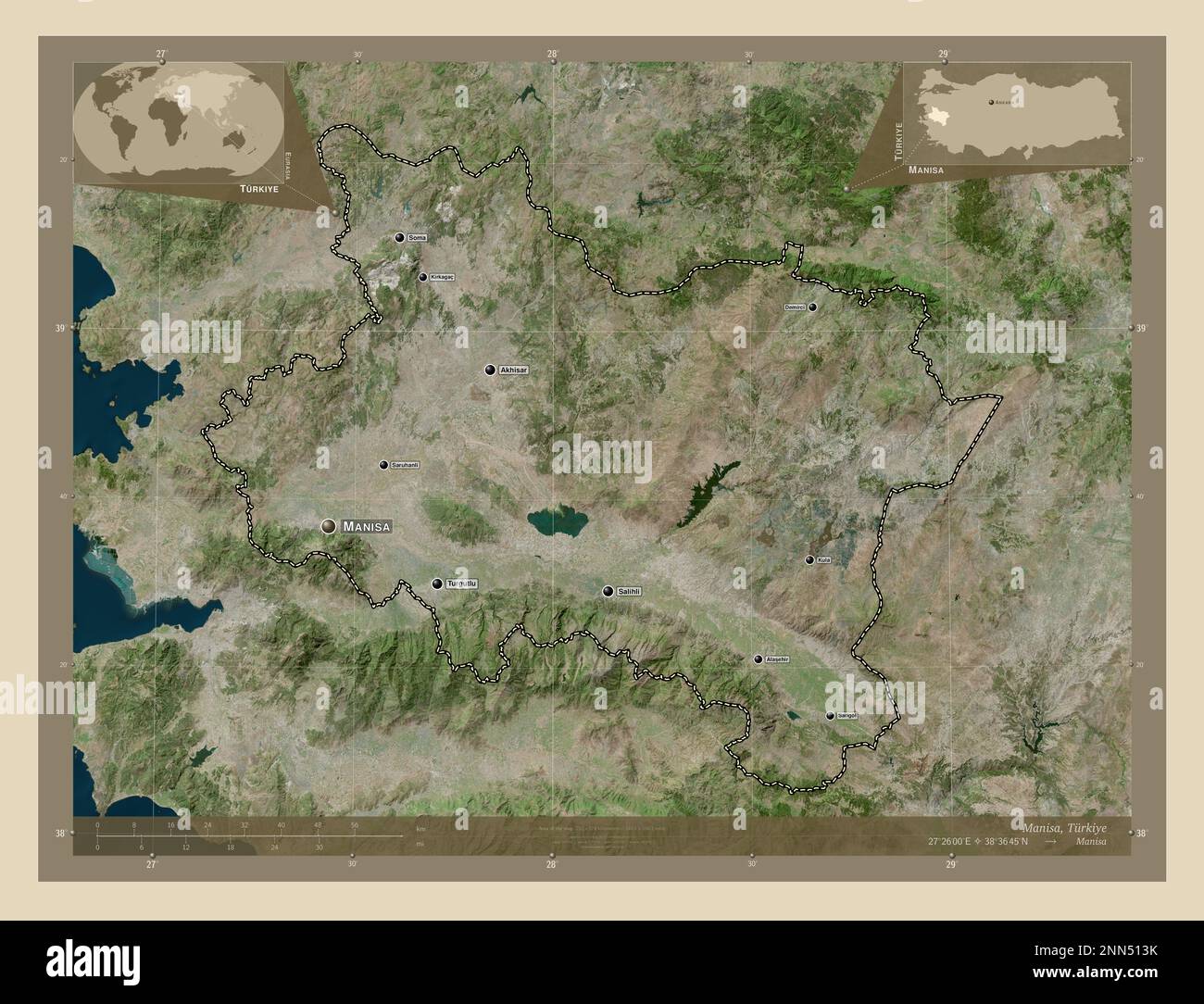 Manisa, province of Turkiye. High resolution satellite map. Locations ...