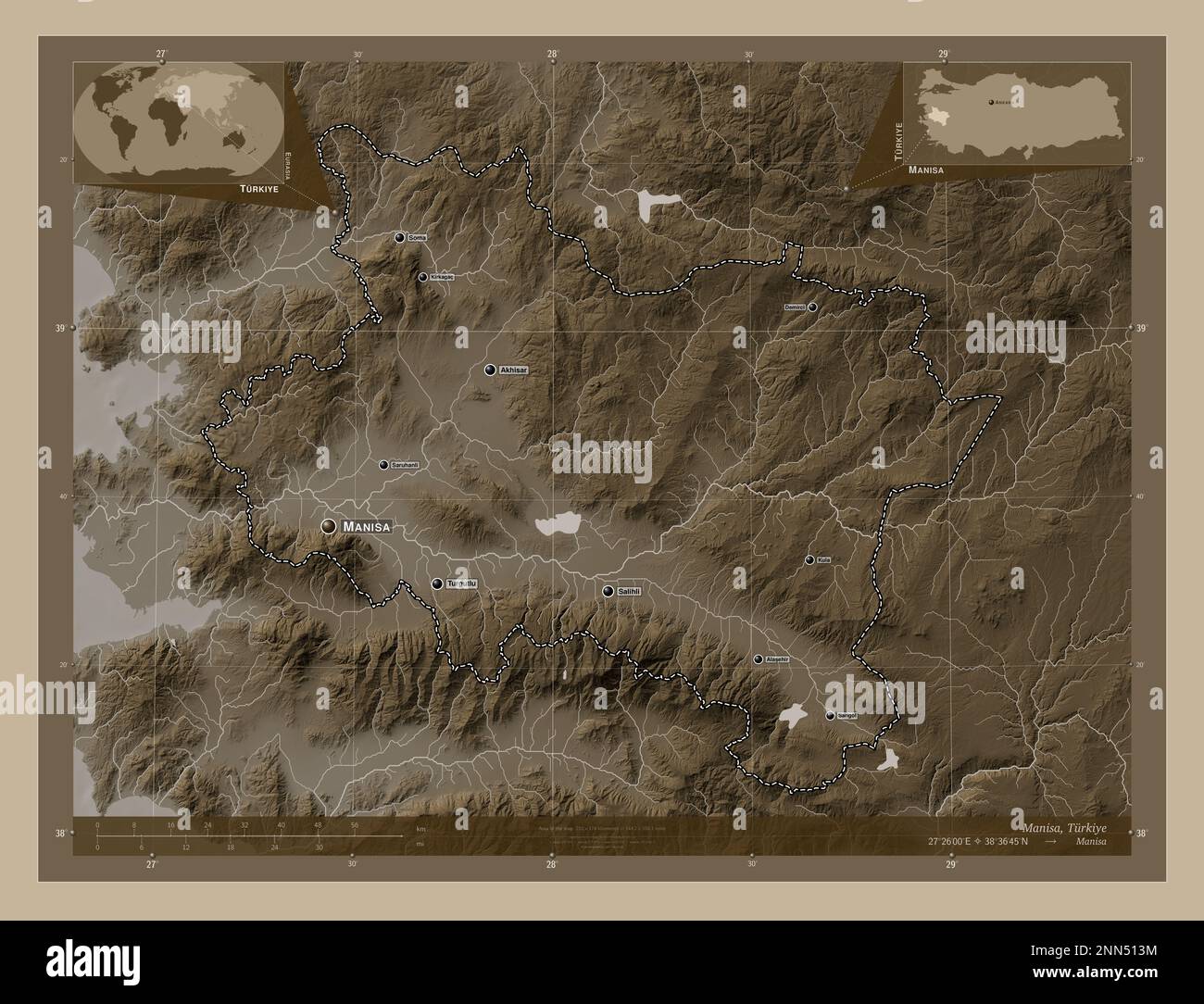 Manisa, province of Turkiye. Elevation map colored in sepia tones with ...