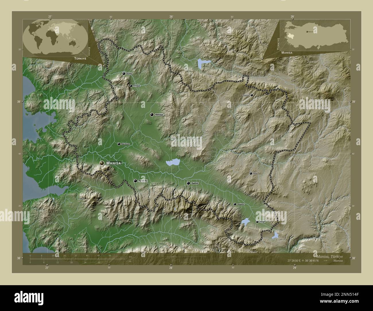 Manisa, province of Turkiye. Elevation map colored in wiki style with ...