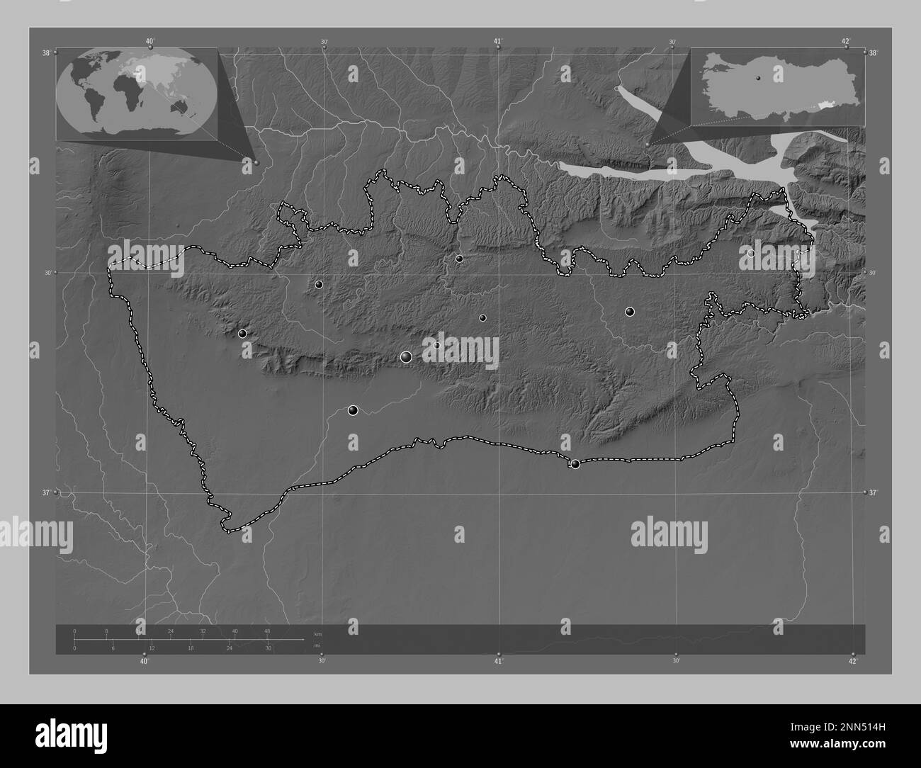Mardin, province of Turkiye. Grayscale elevation map with lakes and ...