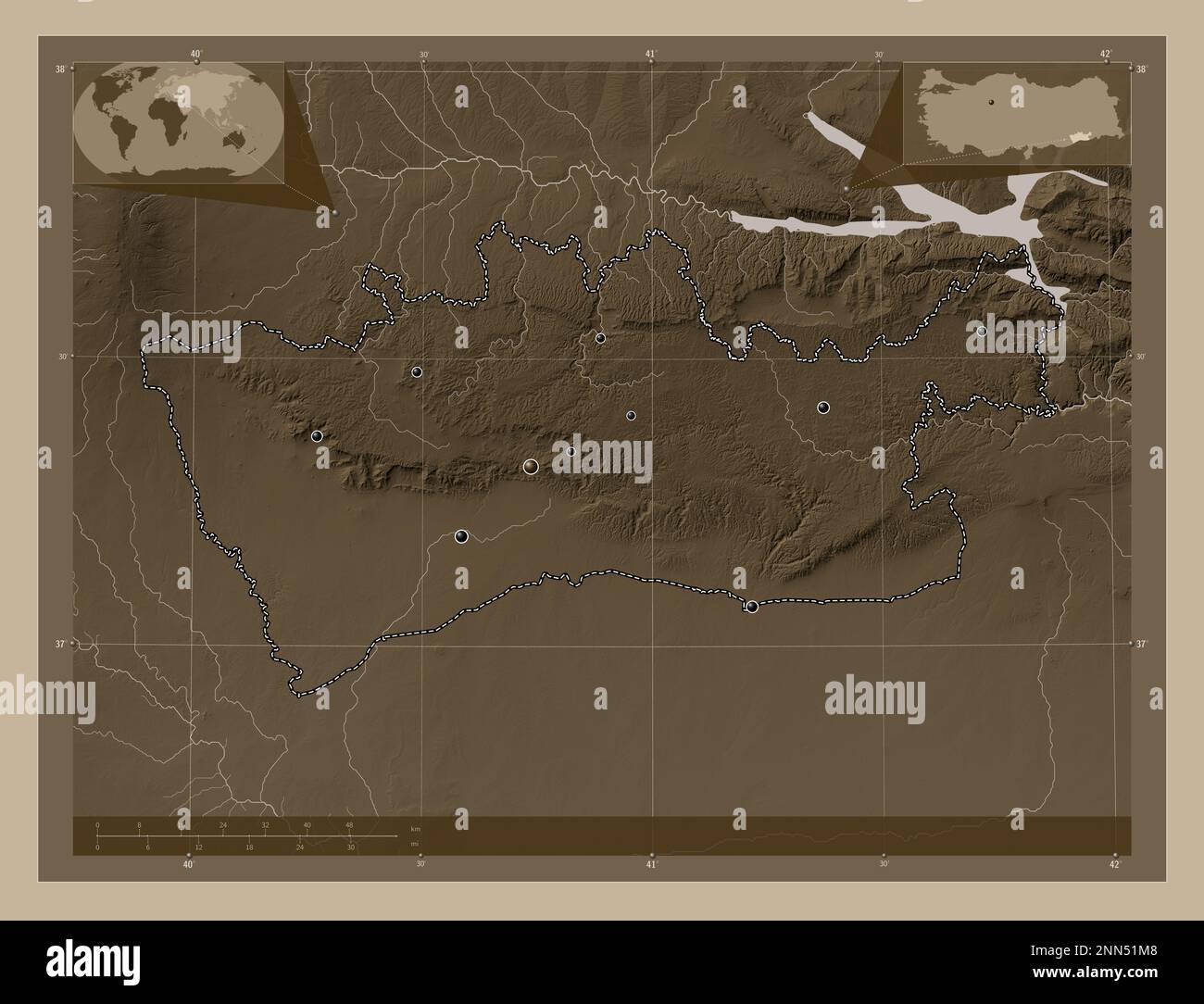 Mardin, province of Turkiye. Elevation map colored in sepia tones with ...