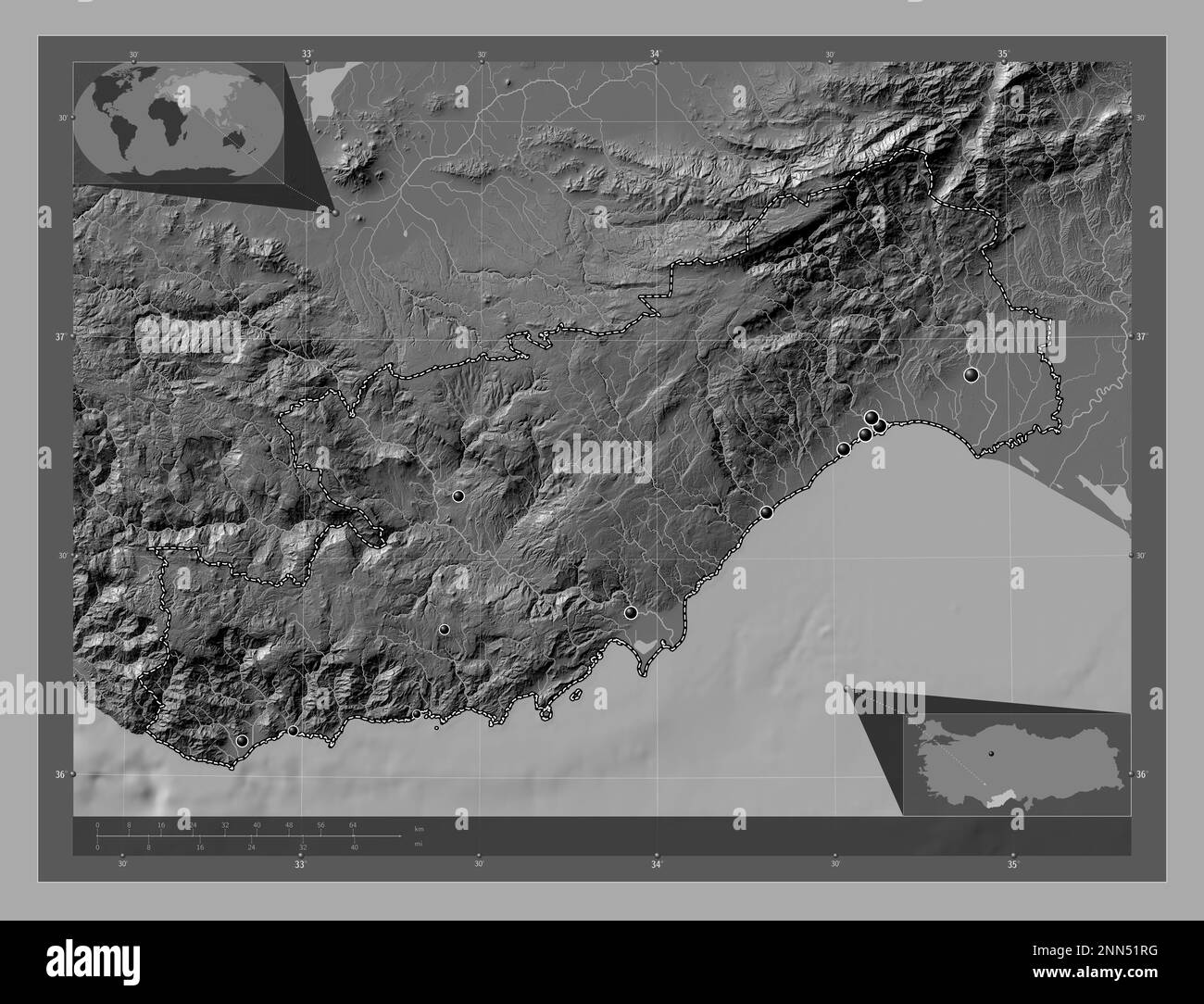 Mersin, province of Turkiye. Bilevel elevation map with lakes and rivers. Locations of major ...