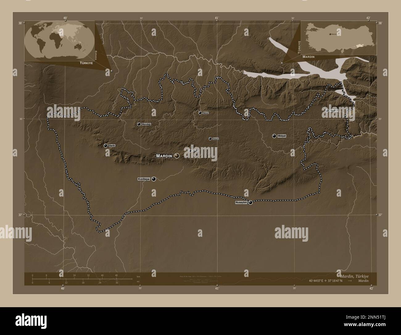 Mardin, province of Turkiye. Elevation map colored in sepia tones with ...