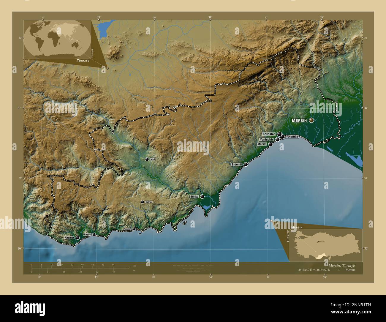 Mersin, province of Turkiye. Colored elevation map with lakes and ...