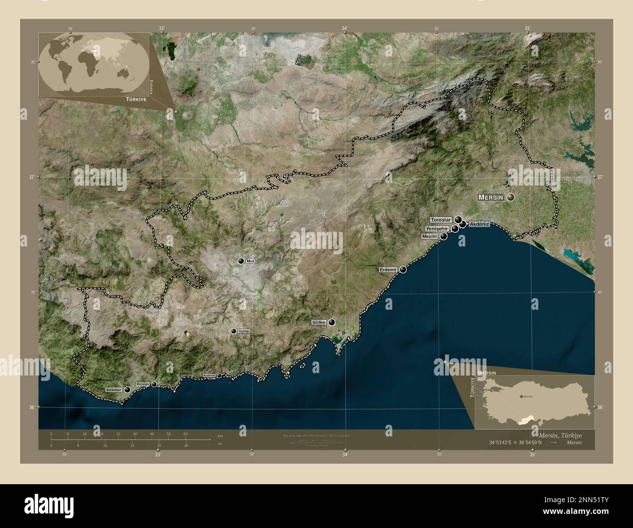 Mersin, province of Turkiye. High resolution satellite map. Locations ...
