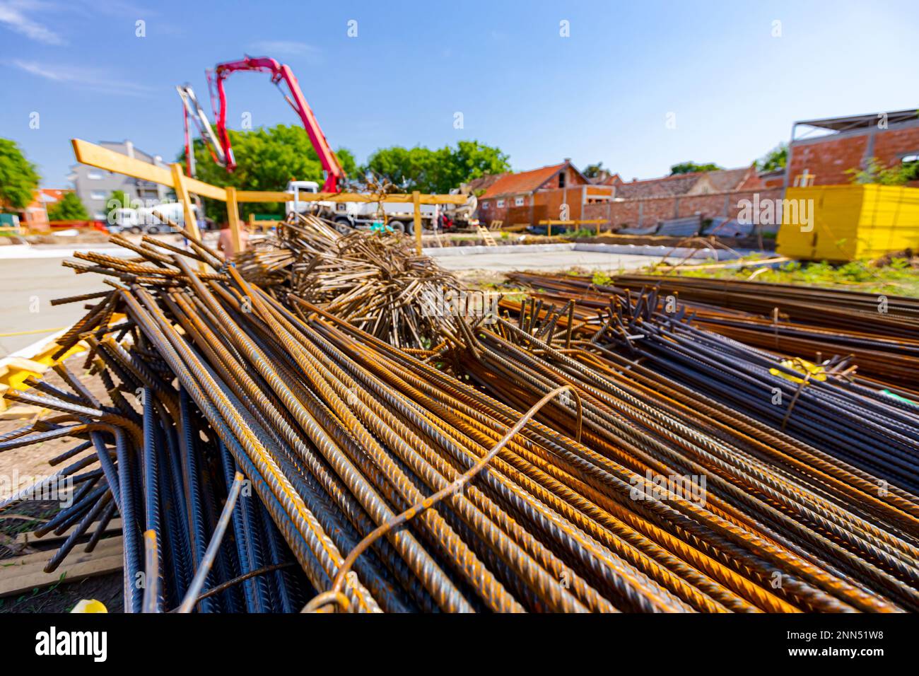 Tied bundles of steel bars reinforcement ready for installation ...