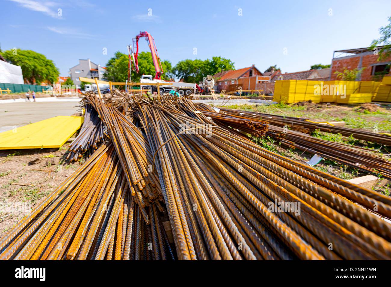 Tied bundles of steel bars reinforcement ready for installation ...