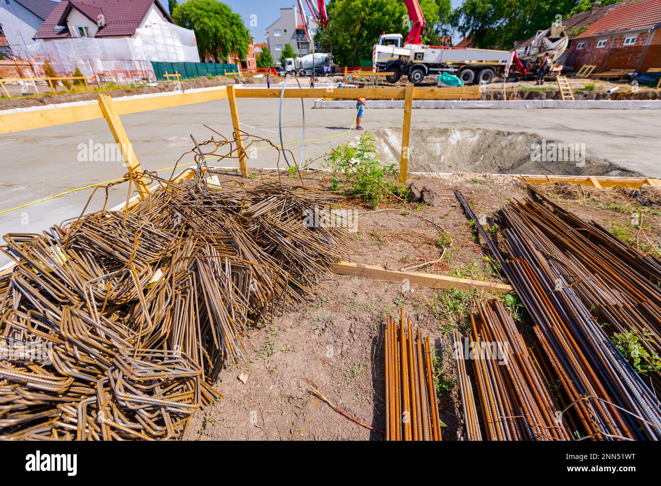 Tied bundles of steel bars reinforcement ready for installation ...