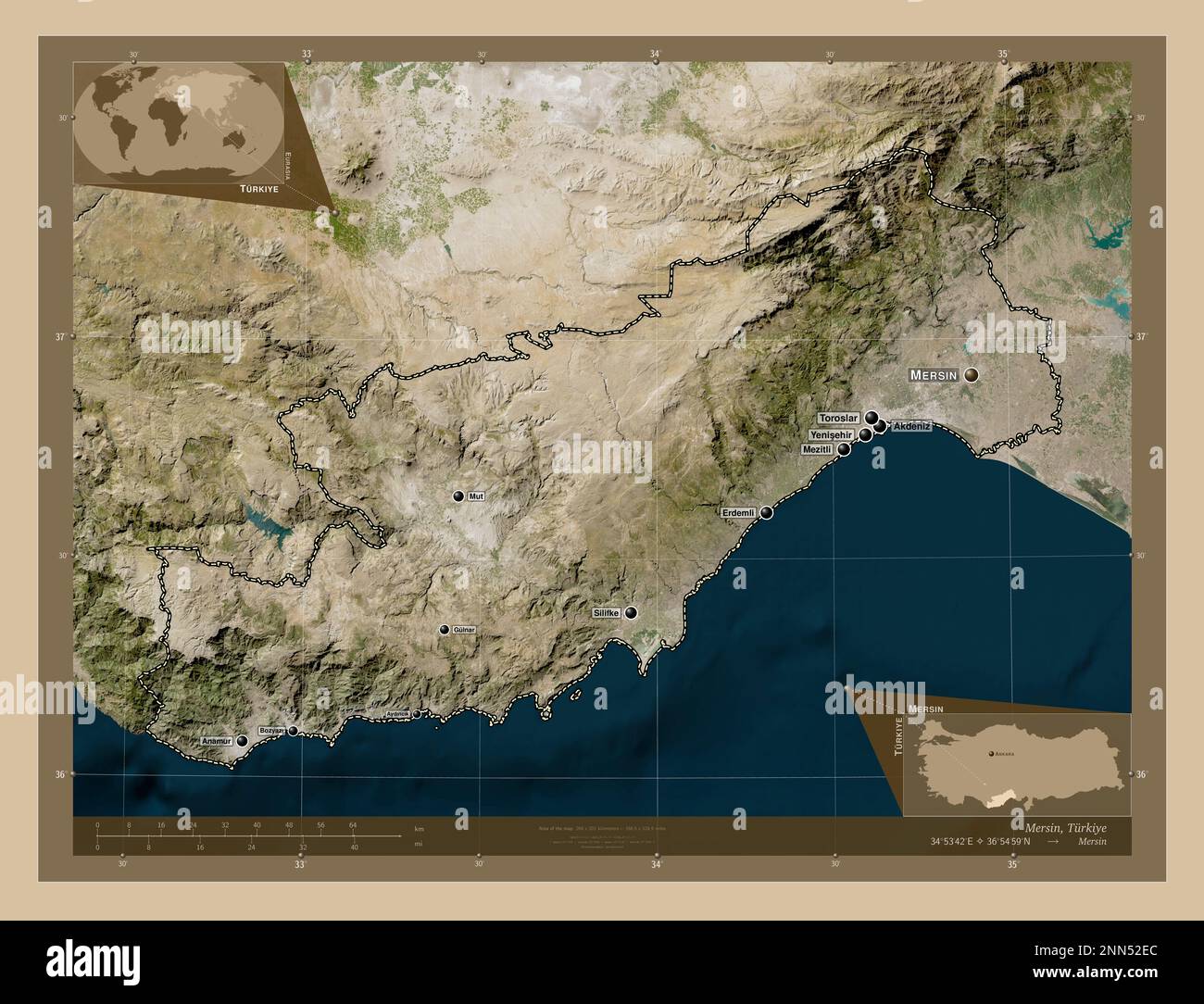 Mersin, province of Turkiye. Low resolution satellite map. Locations ...