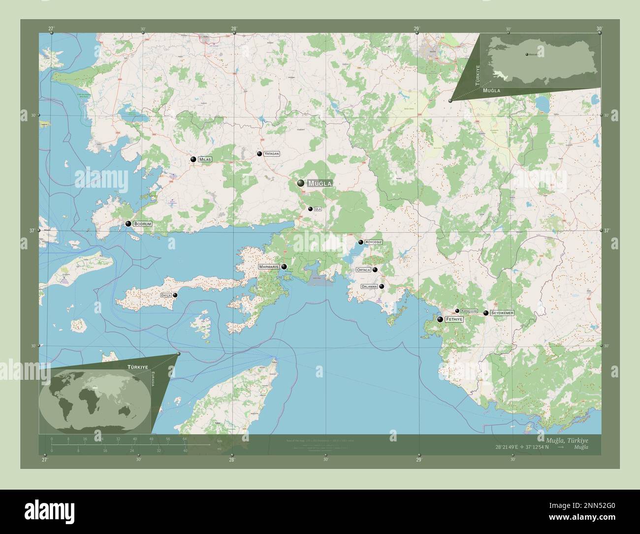 Mugla, province of Turkiye. Open Street Map. Locations and names of ...
