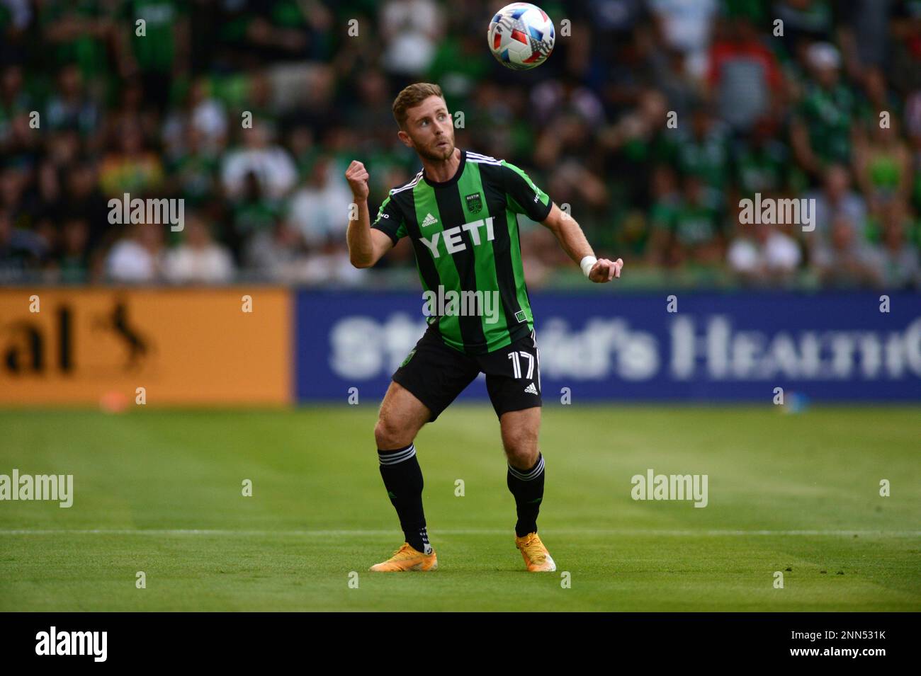AUSTIN, TX - JUNE 27: Austin FC forward Jon Gallagher heads a ball ...