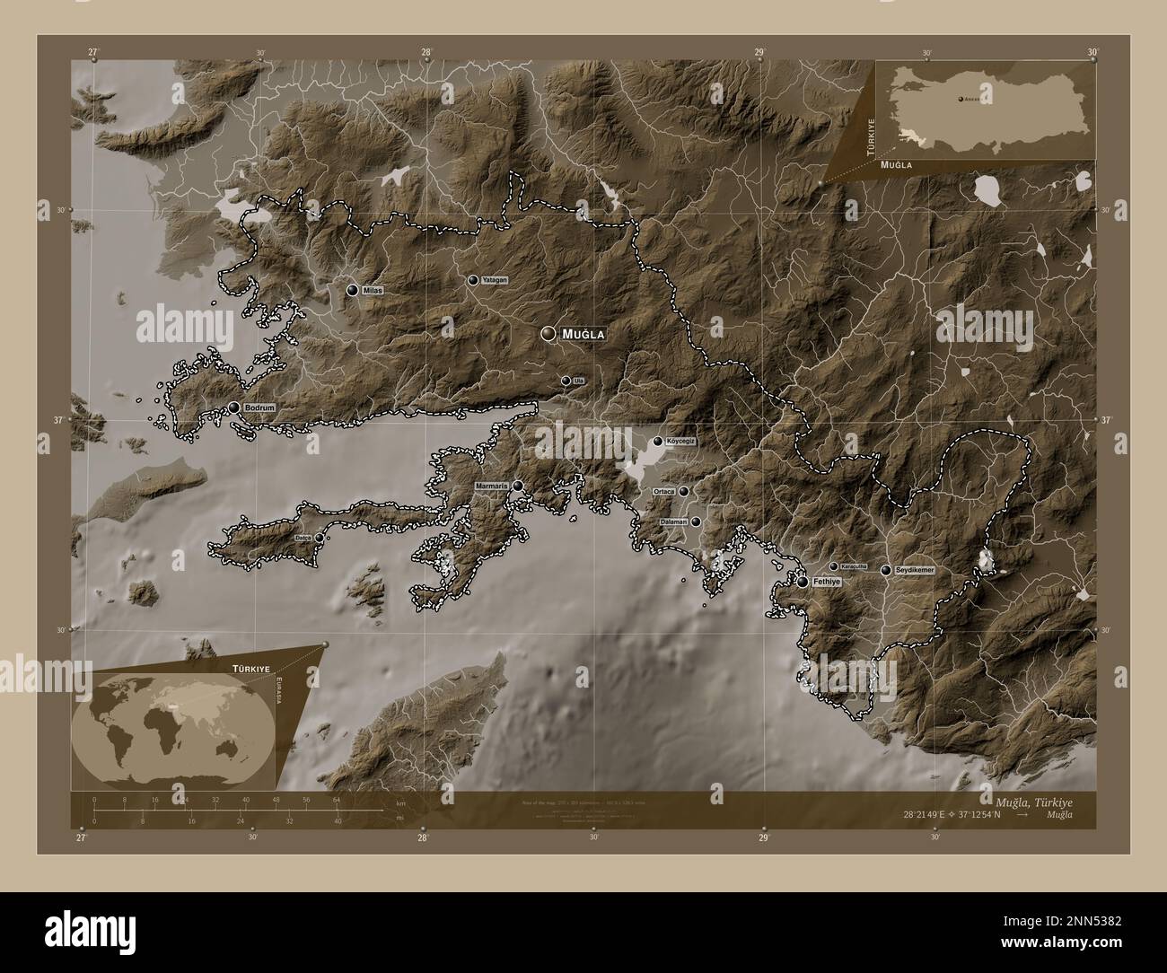 Mugla, province of Turkiye. Elevation map colored in sepia tones with ...