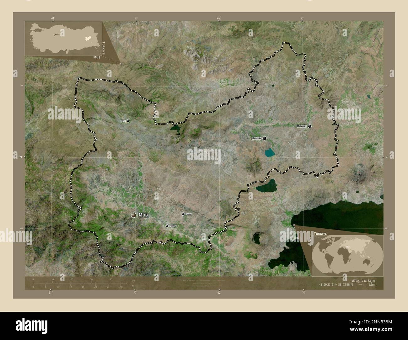 Mus, province of Turkiye. High resolution satellite map. Locations and ...