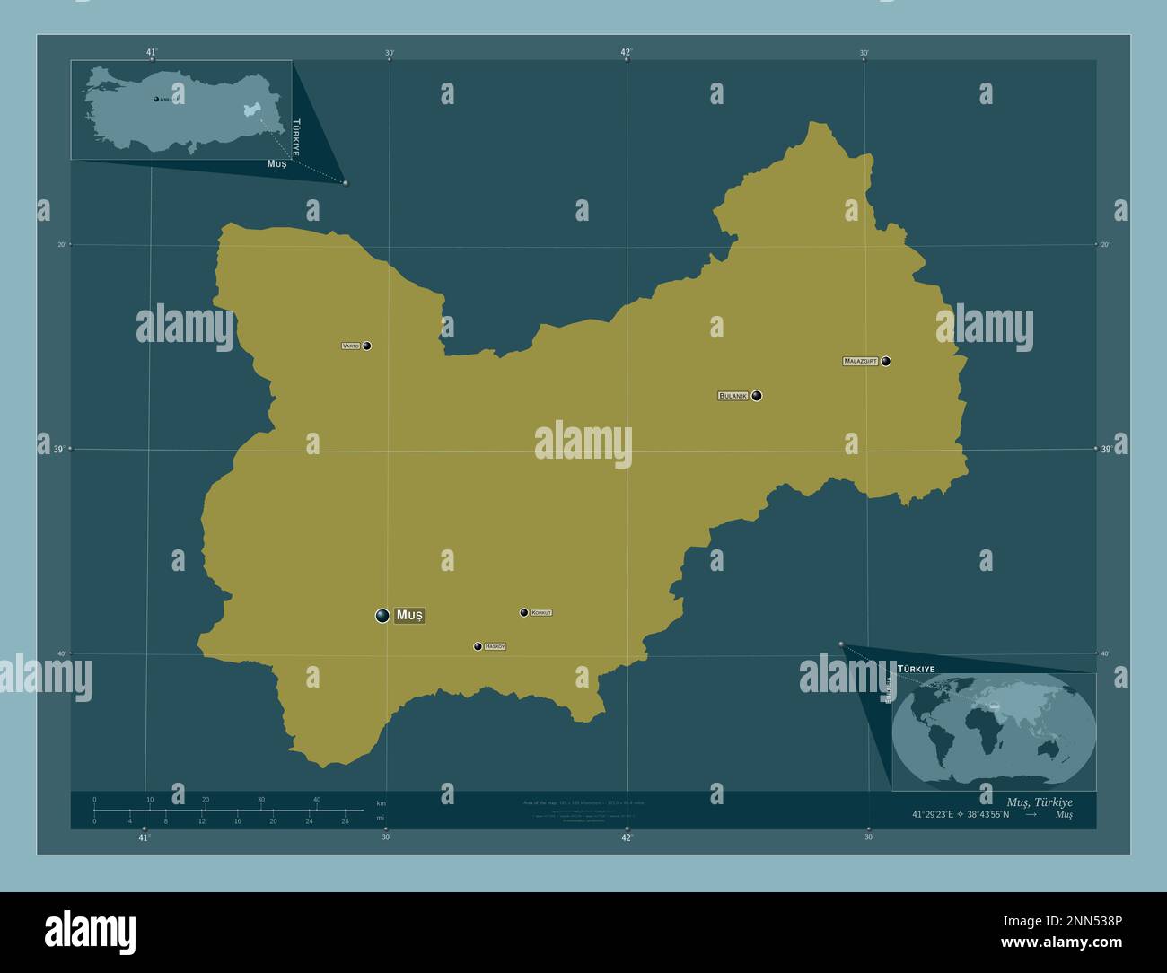 Mus, province of Turkiye. Solid color shape. Locations and names of ...