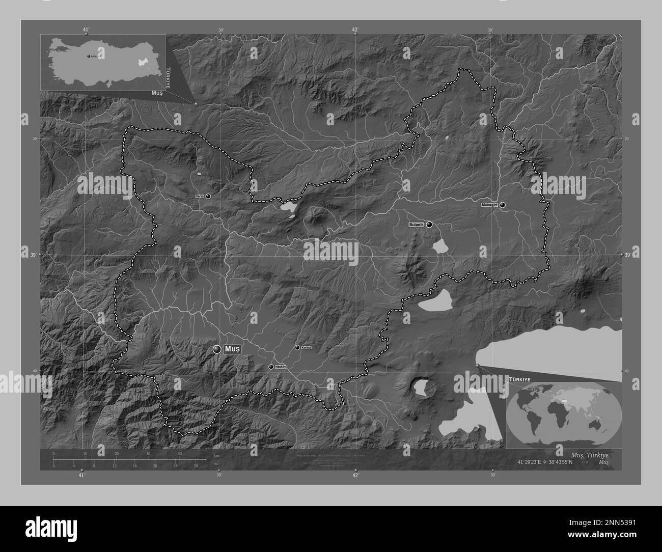 Mus, province of Turkiye. Grayscale elevation map with lakes and rivers ...